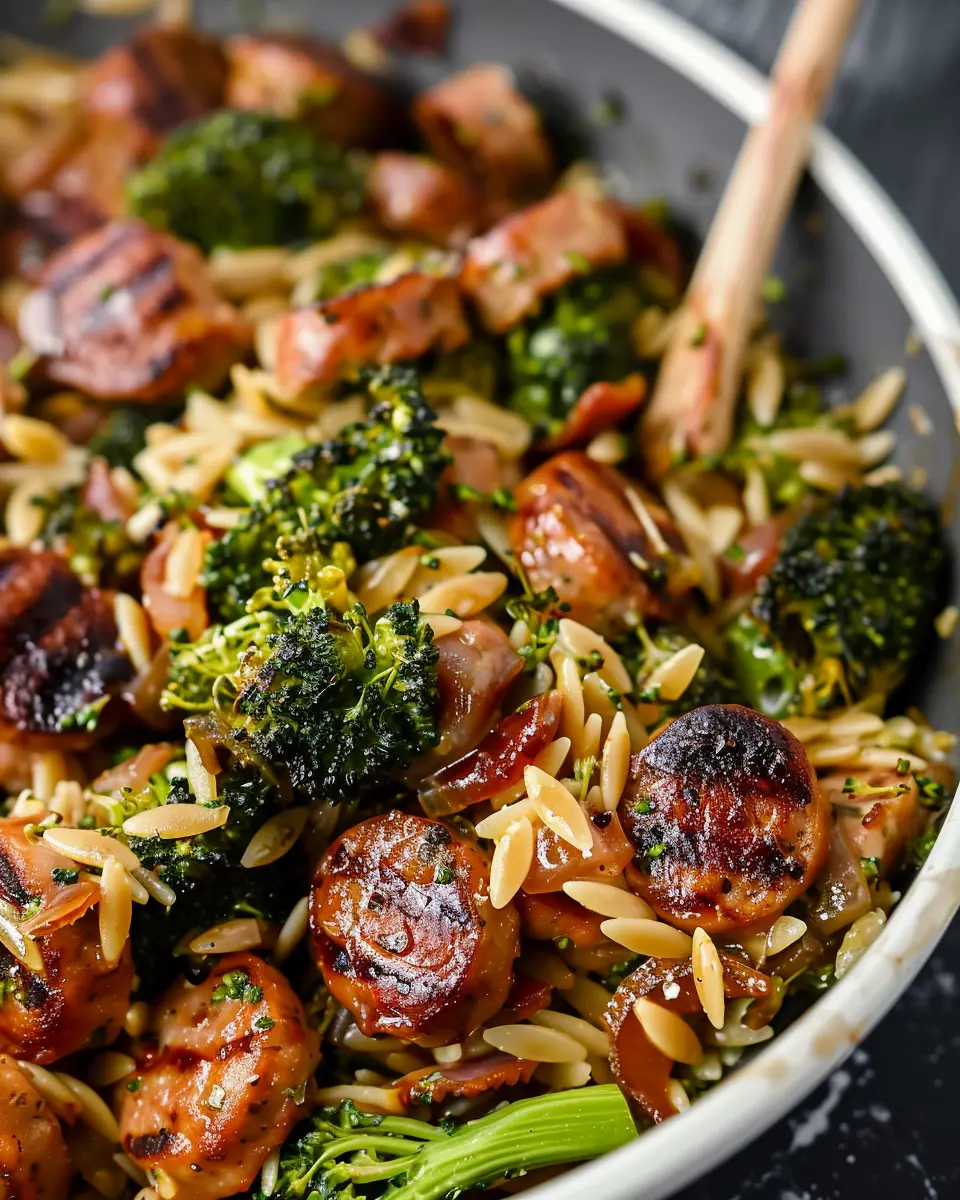 chicken sausage, broccoli, orzo